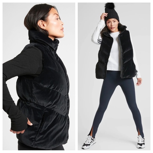 Athleta | Jackets & Coats | Athleta Lofty Velvet Black Zip Up Down Puffer Vest | Poshmark